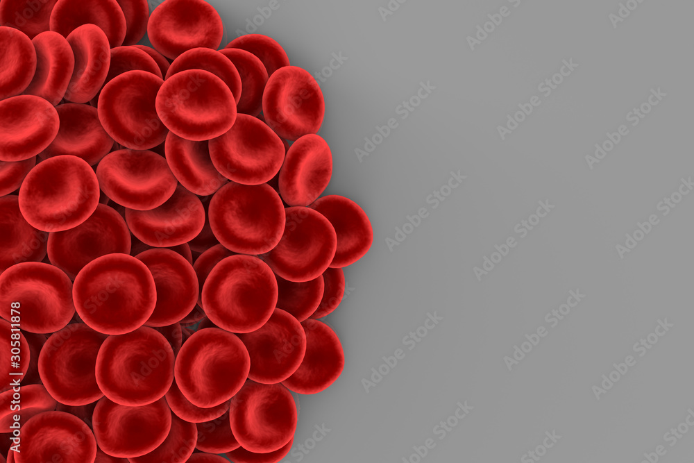 3d rendering of blood cells concept. Stack of red blood cells on gray ...
