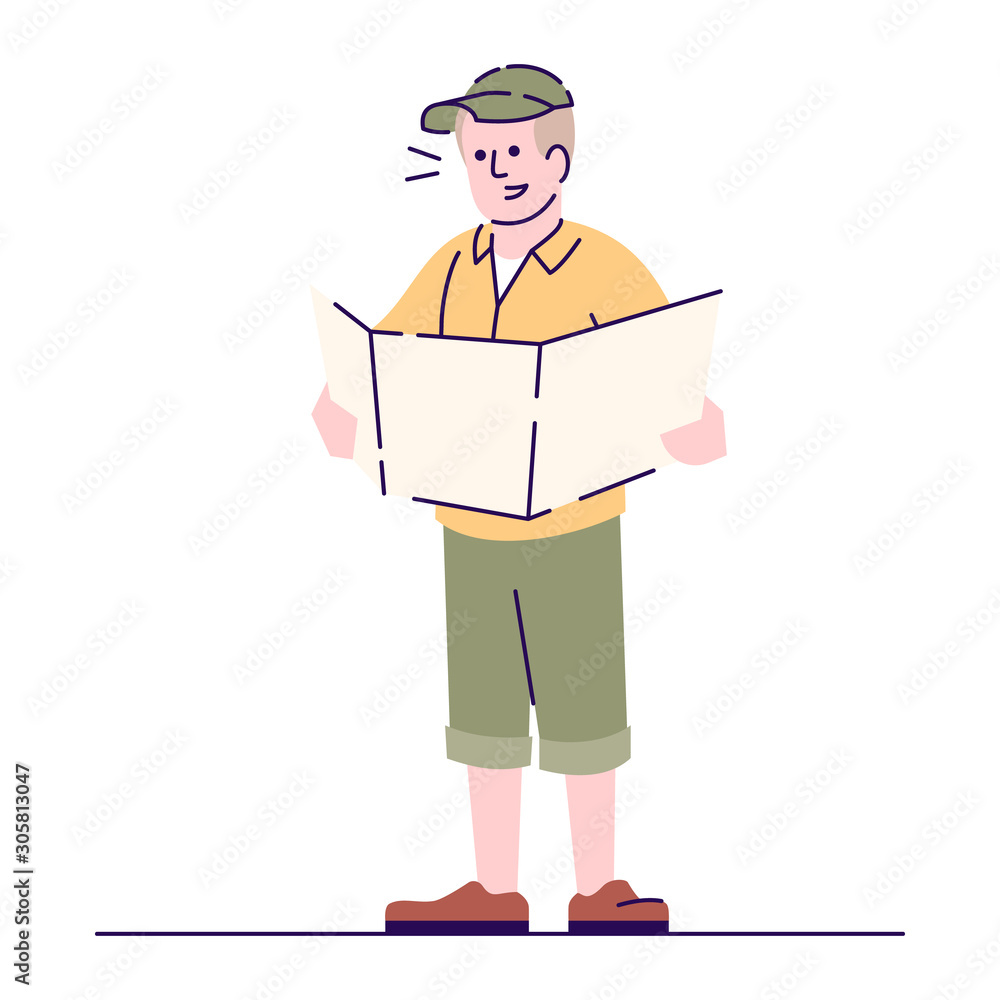 Man is looking at map flat vector illustration. Field survey, study ...
