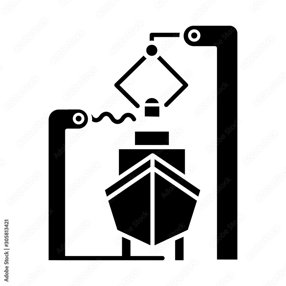 Shipbuilding industry glyph icon. Boat mechanical maintenance. Ship ...