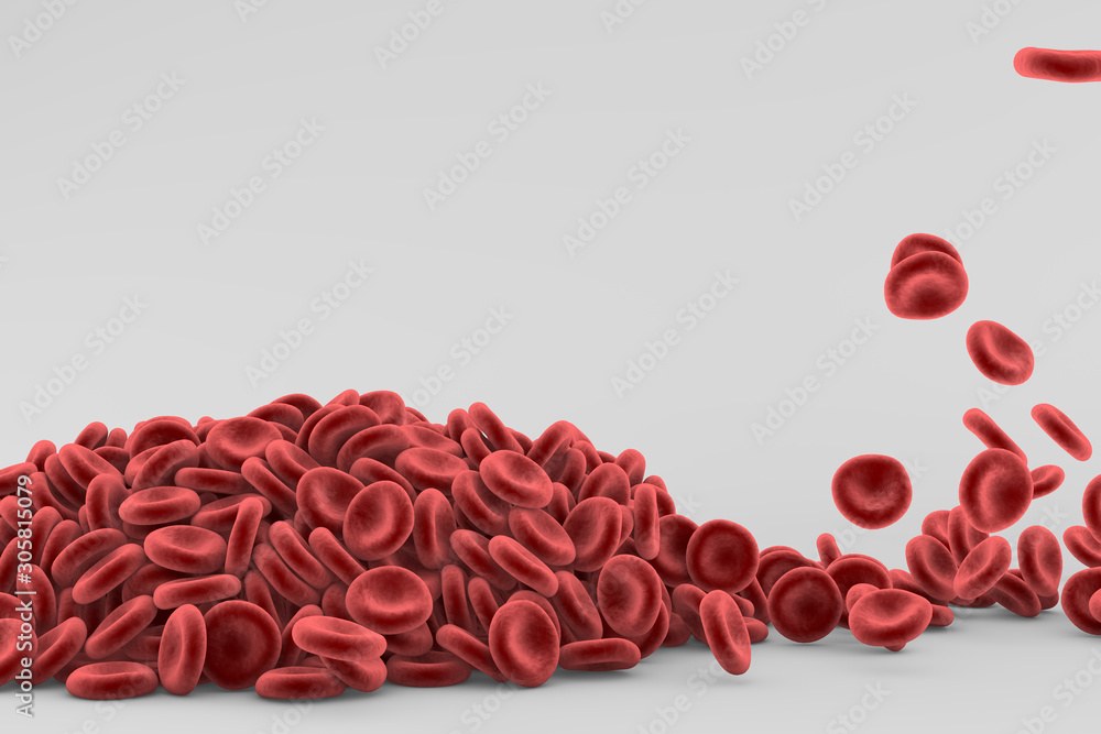 3d rendering of blood cells concept. Stack of red blood cells on white ...