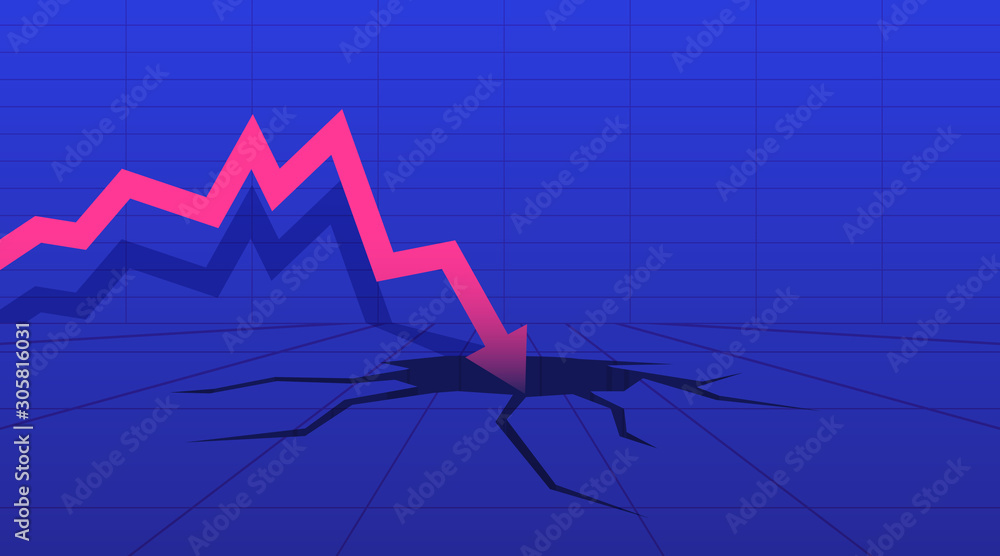 Economic Crisis. The Pink arrow graph falling and breaking in the crack ...