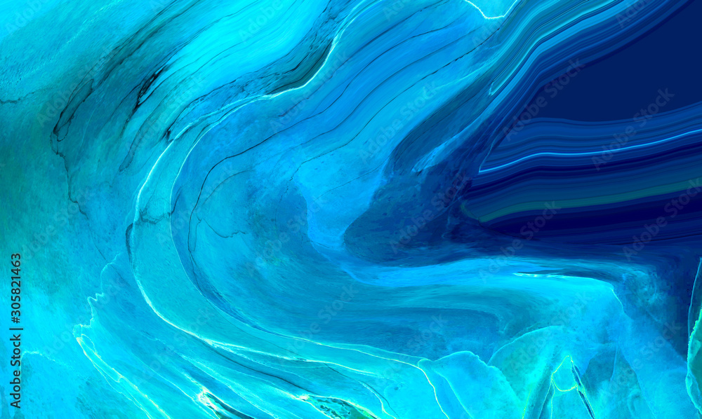 Vivid neon blue abstract liquid paint textured background with ...