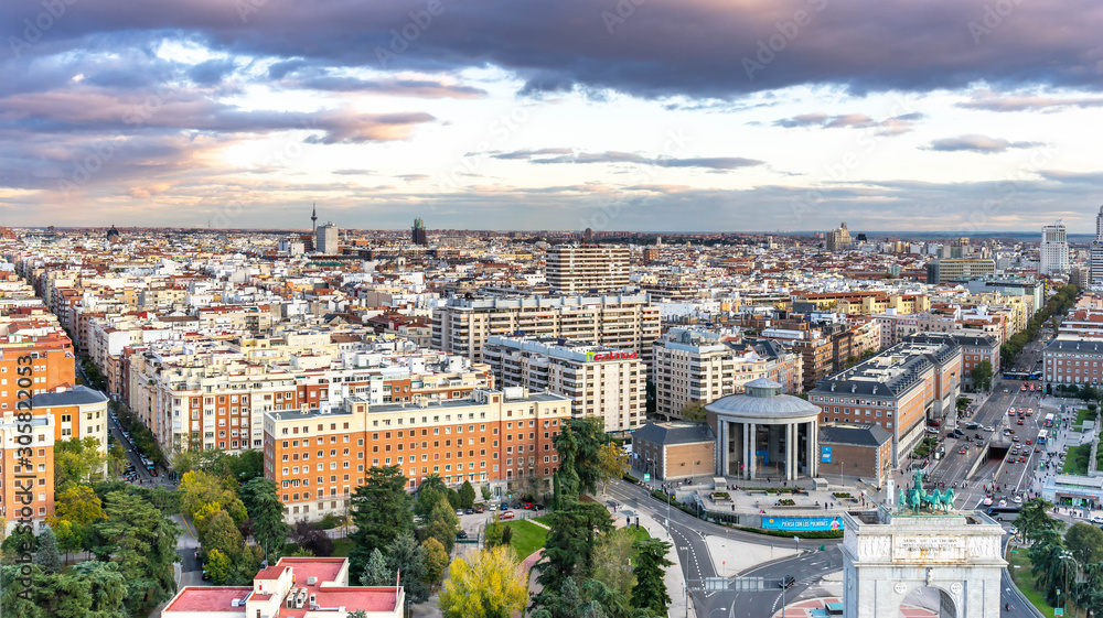 Panoramic view of Madrid including the Royal Palace, La Almudena ...