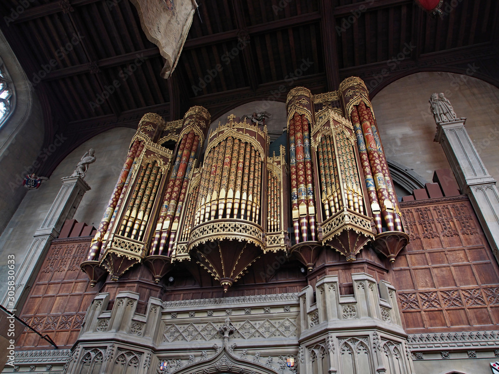 ETON, ENGLAND - Ornate pipe organ in the ancient chapel of this famous ...
