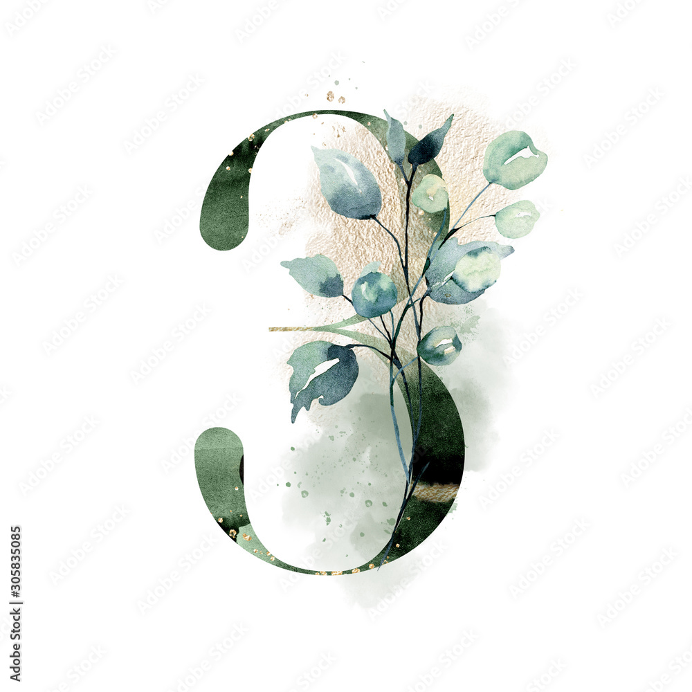 Number 3 with watercolor leaf. Perfectly for wedding invitation ...