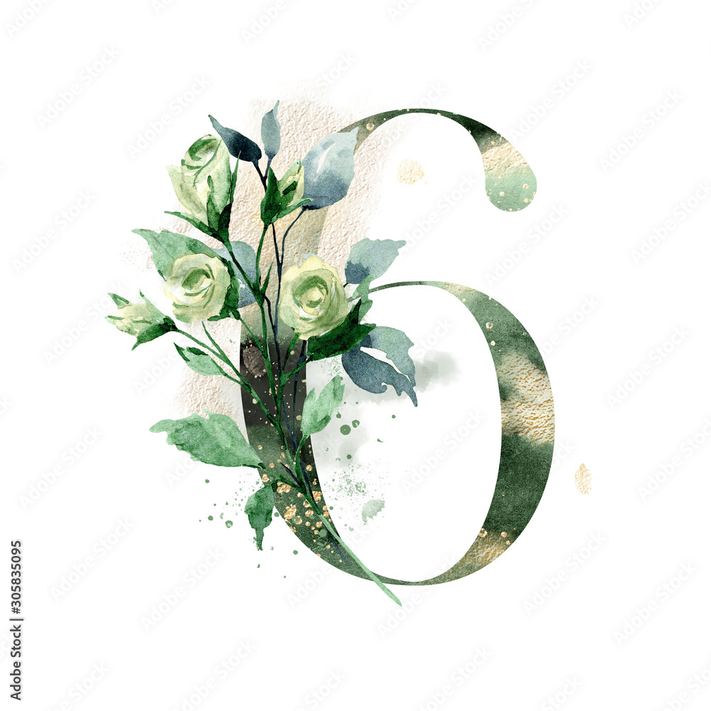 Number 6 with watercolor leaf. Perfectly for wedding invitation ...