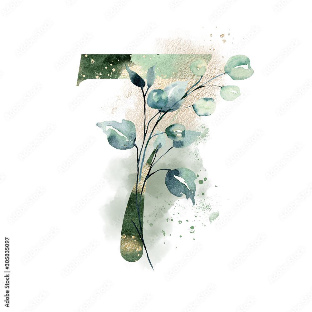 Number 7 with watercolor leaf. Perfectly for wedding invitation ...