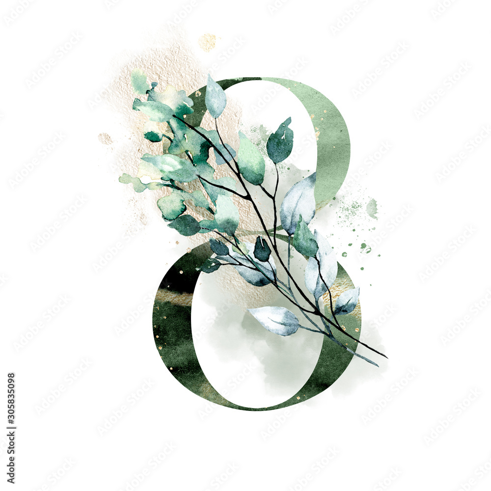 Number 8 with watercolor leaf. Perfectly for wedding invitation ...