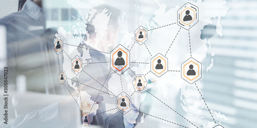 Social network with connected people 3D icons on map. Background for ...