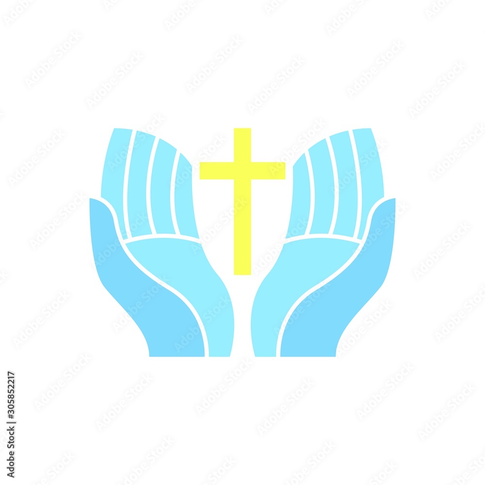 Hands holding Cross, icons or symbols. Religion, Church vector logo ...