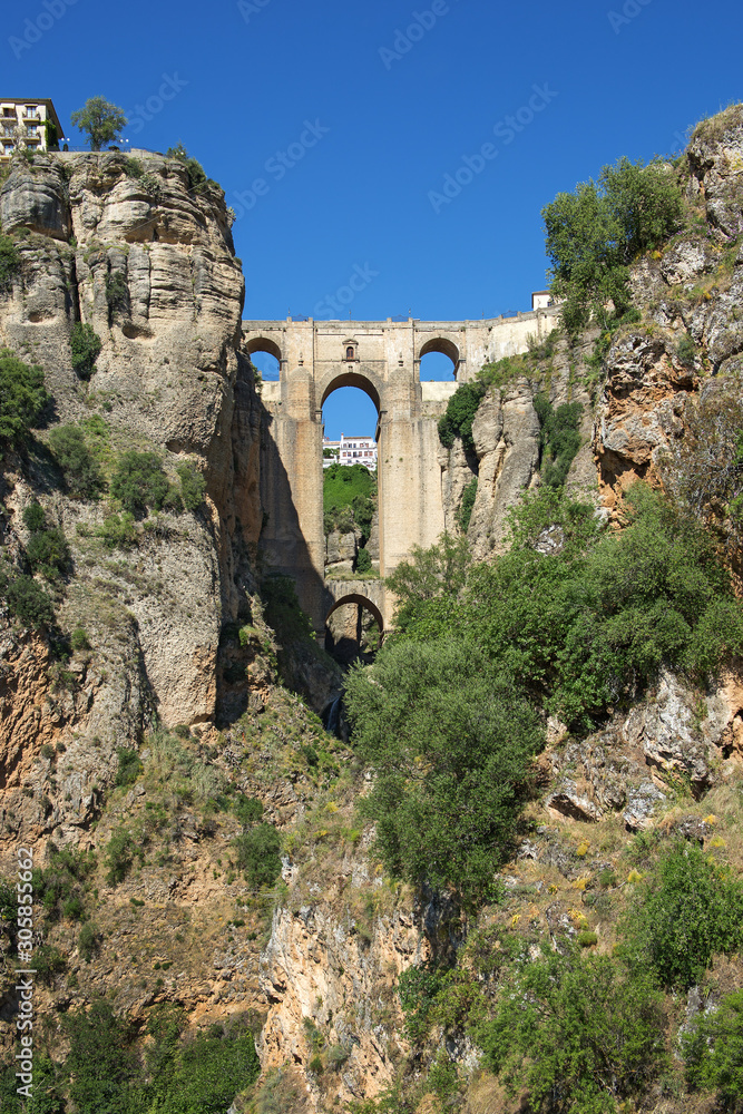 Ponte Nuevo (the New Bridge) in Ronda, Spain. This bridge spans the 120 ...