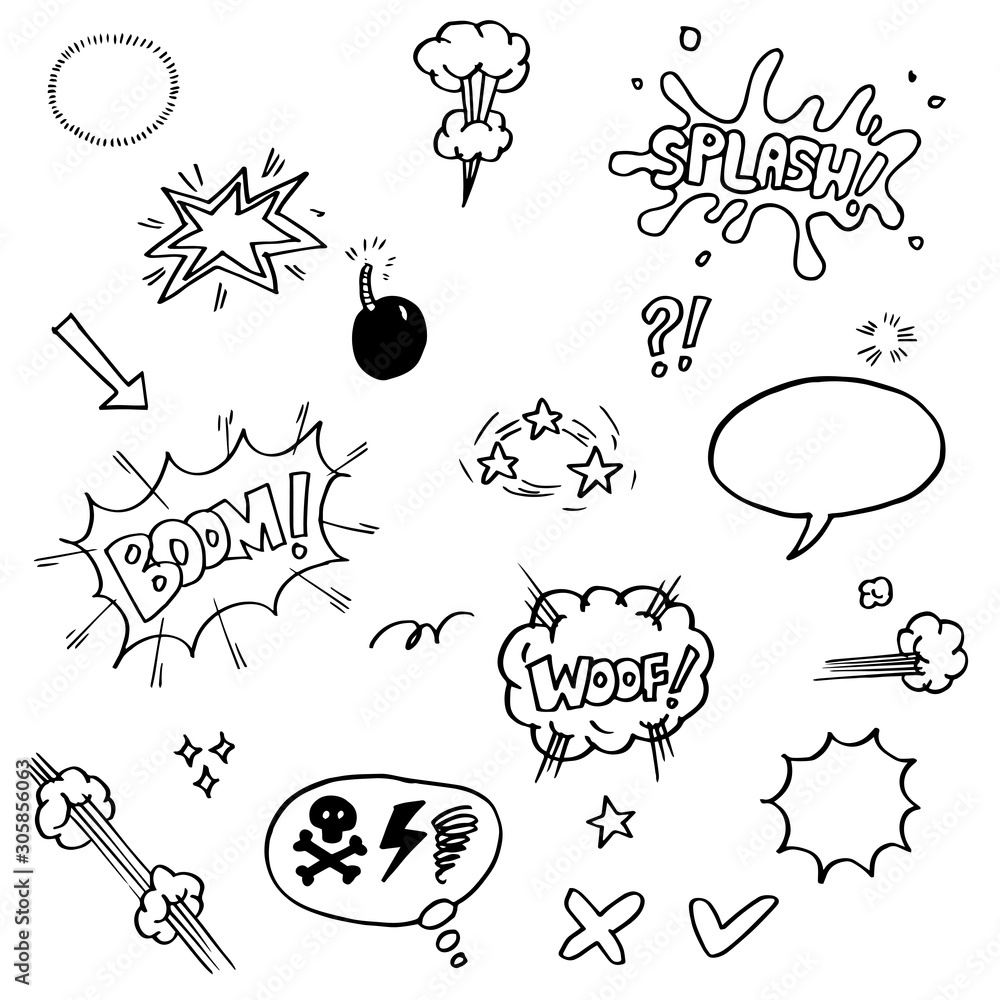 set of hand drawn comic elements. vector doodle comic elements cartoon ...