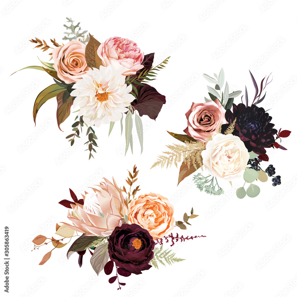 Moody boho chic wedding vector bouquets Stock Vector | Adobe Stock