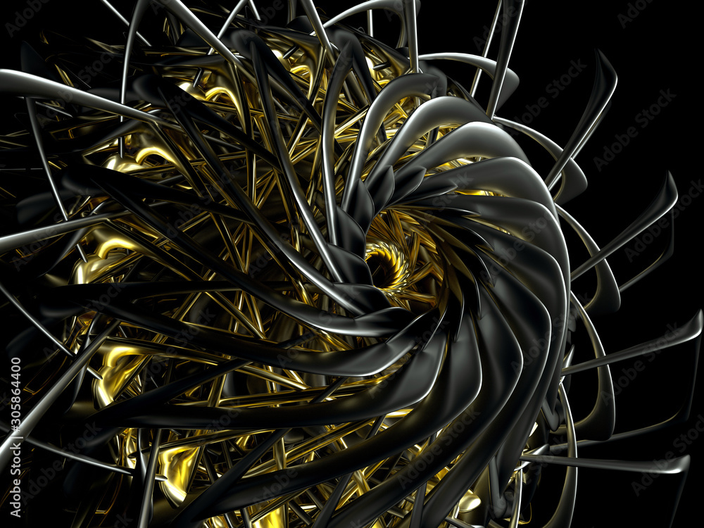 3d render of abstract 3d aircraft turbine engine with sharp blades in ...