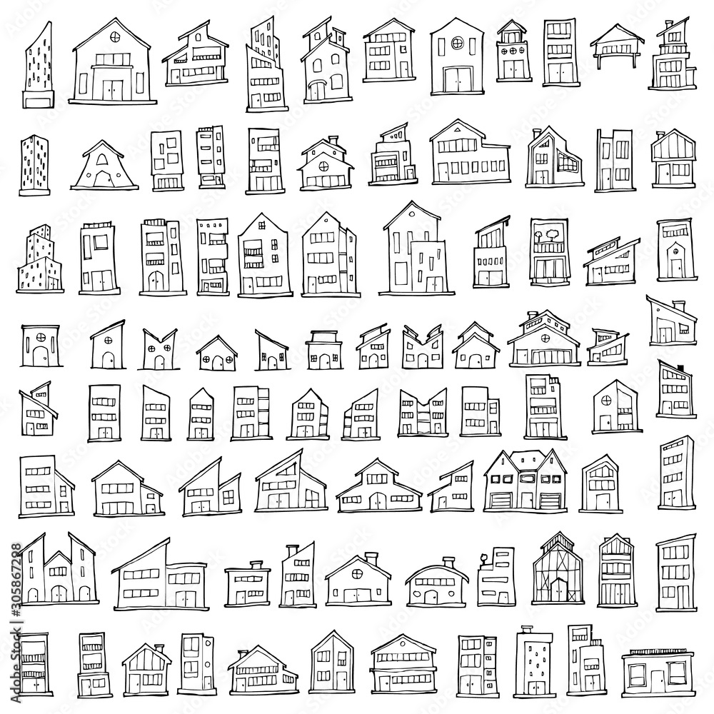 Set of House Drawing illustration Hand drawn doodle Sketch line vector ...