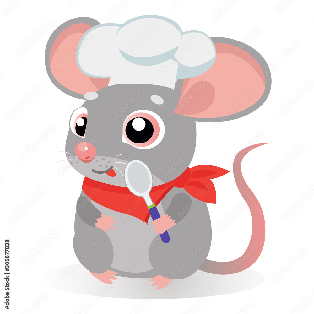 Funny cartoon rat or mouse cook with spoon in a cook hat on a white ...