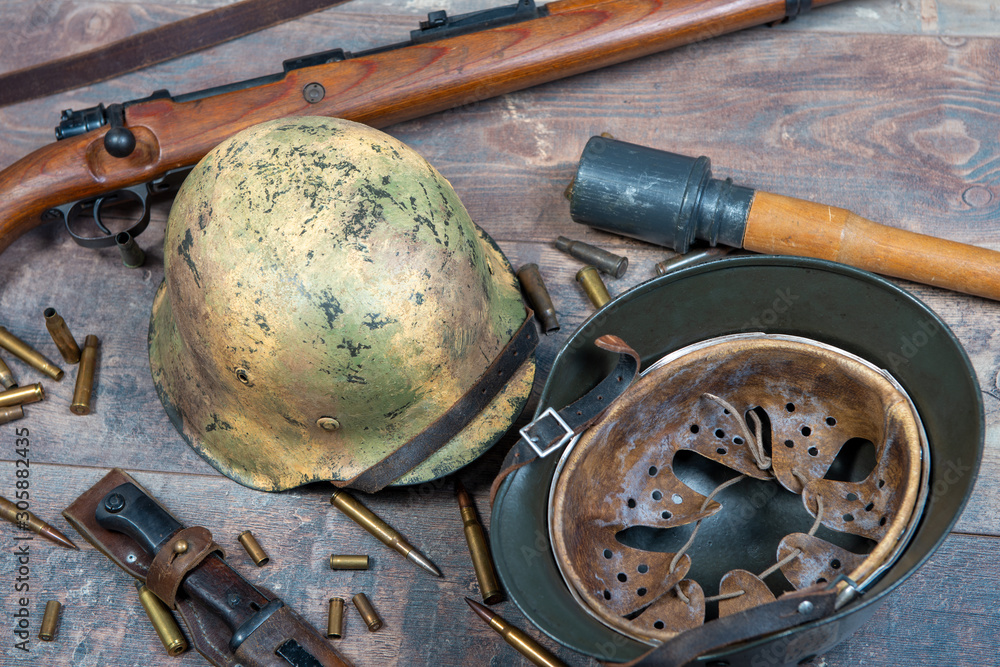 ww2 german army field equipment with helmets and rifle Stock Photo ...