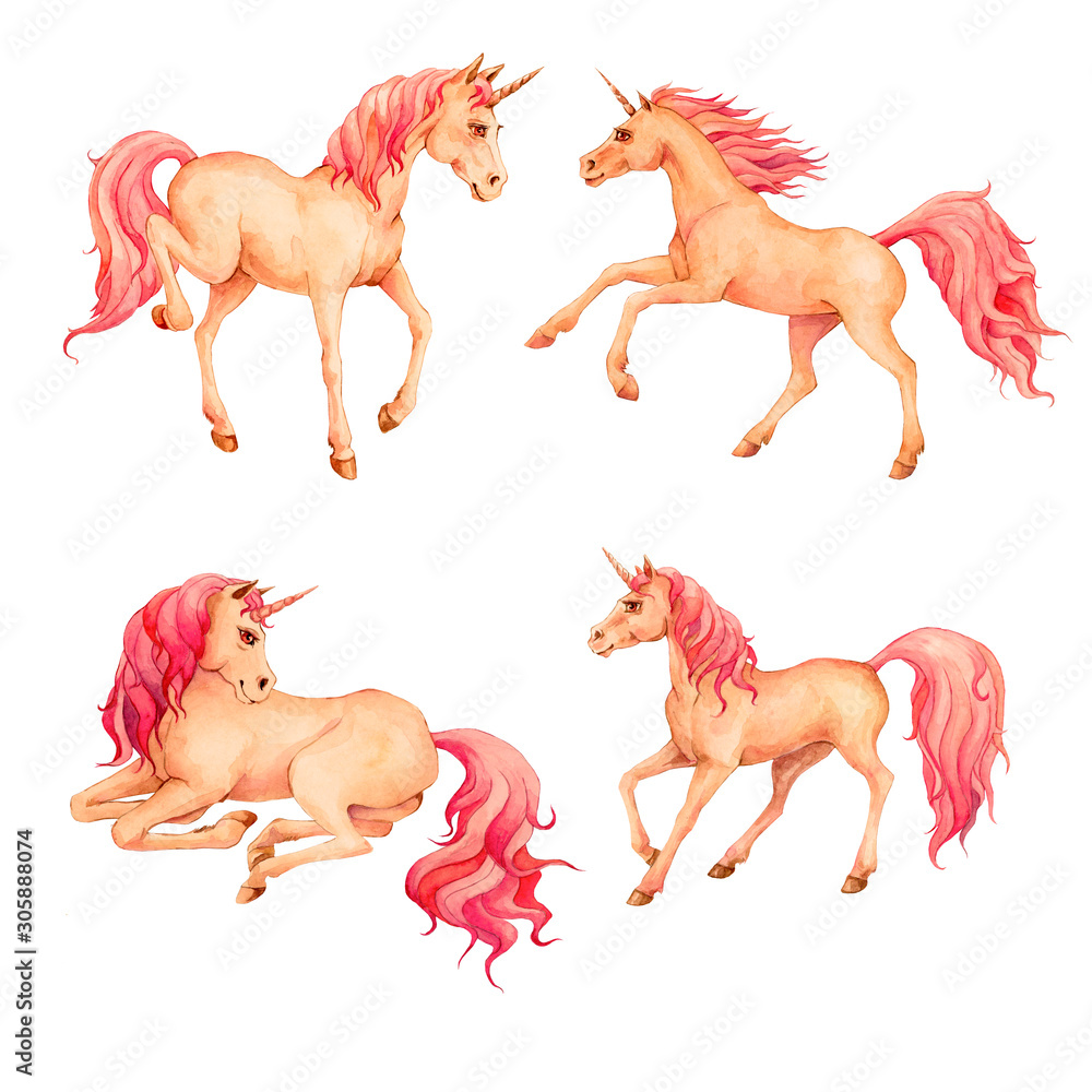 Set of four unicorns watercolor in different poses trotting, laying ...
