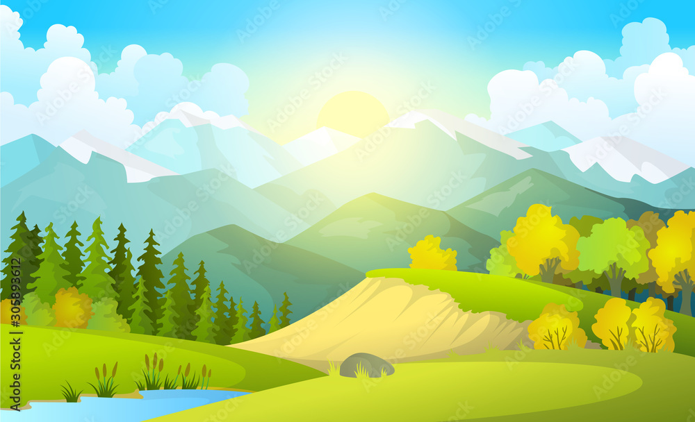 Vector illustration of beautiful summer fields landscape with a dawn ...