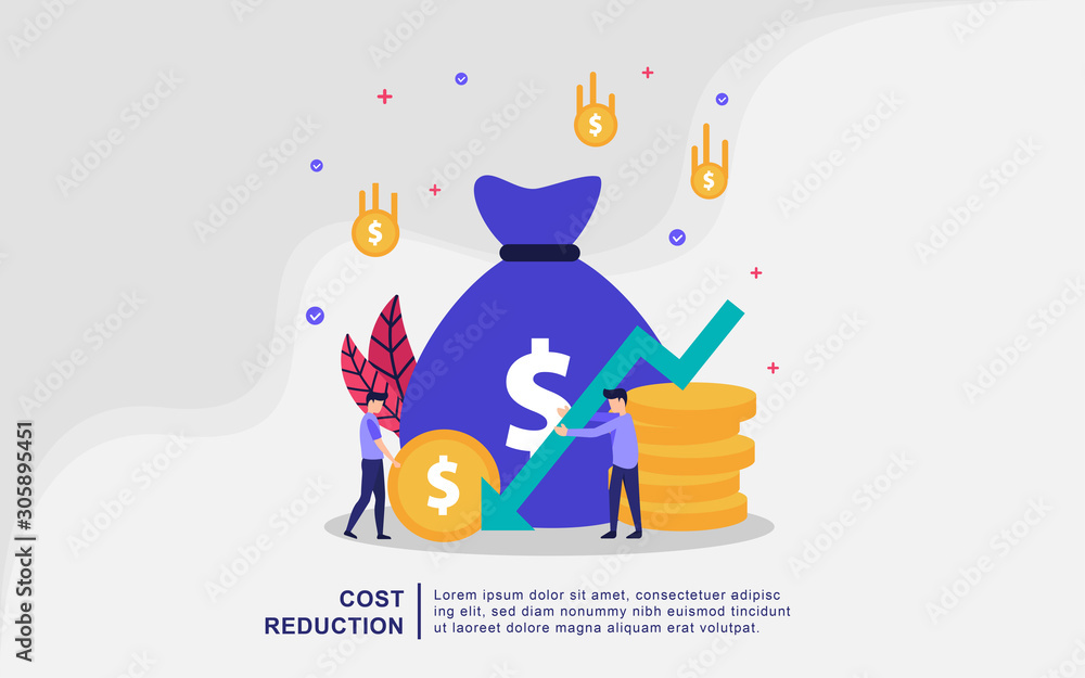 Cost reduction illustration concept with tiny people. Sales decline ...