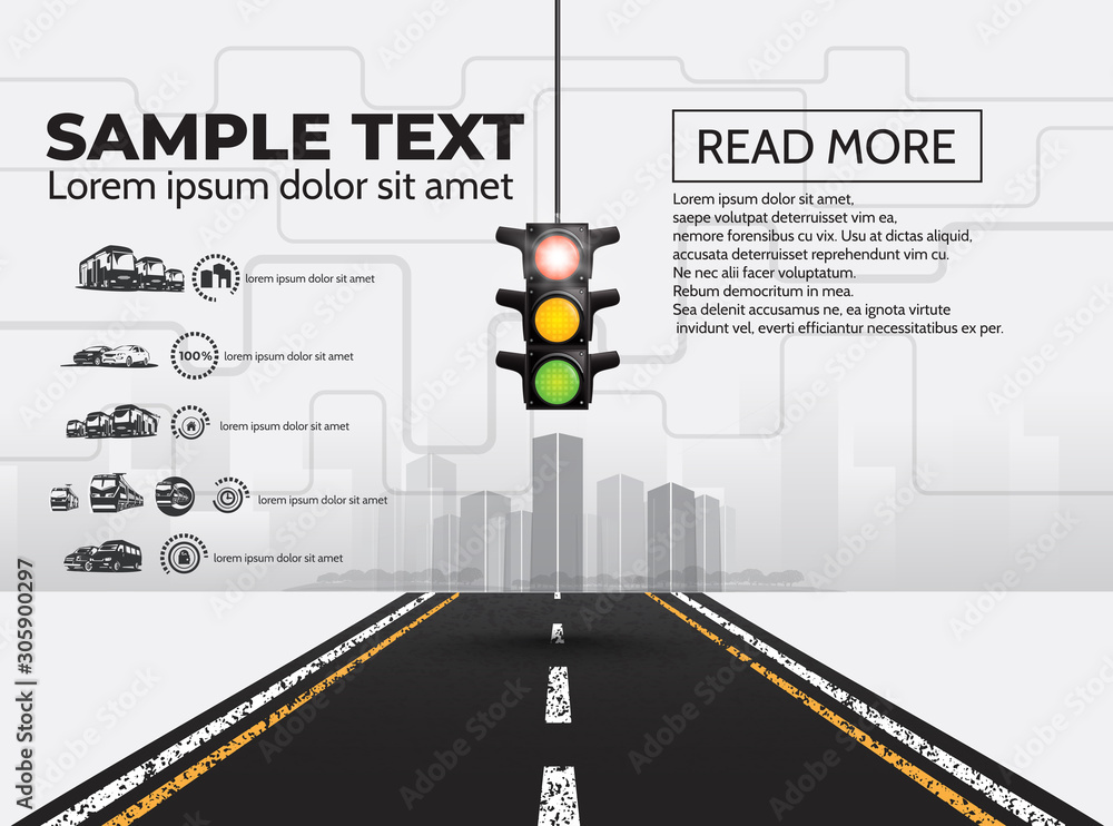 Traffic light and marked road leading to the city, transport ...
