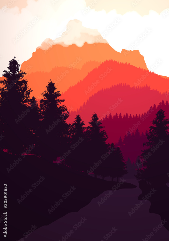 Beautiful landscape Background 2D illustration. Monochromatic Landscape ...