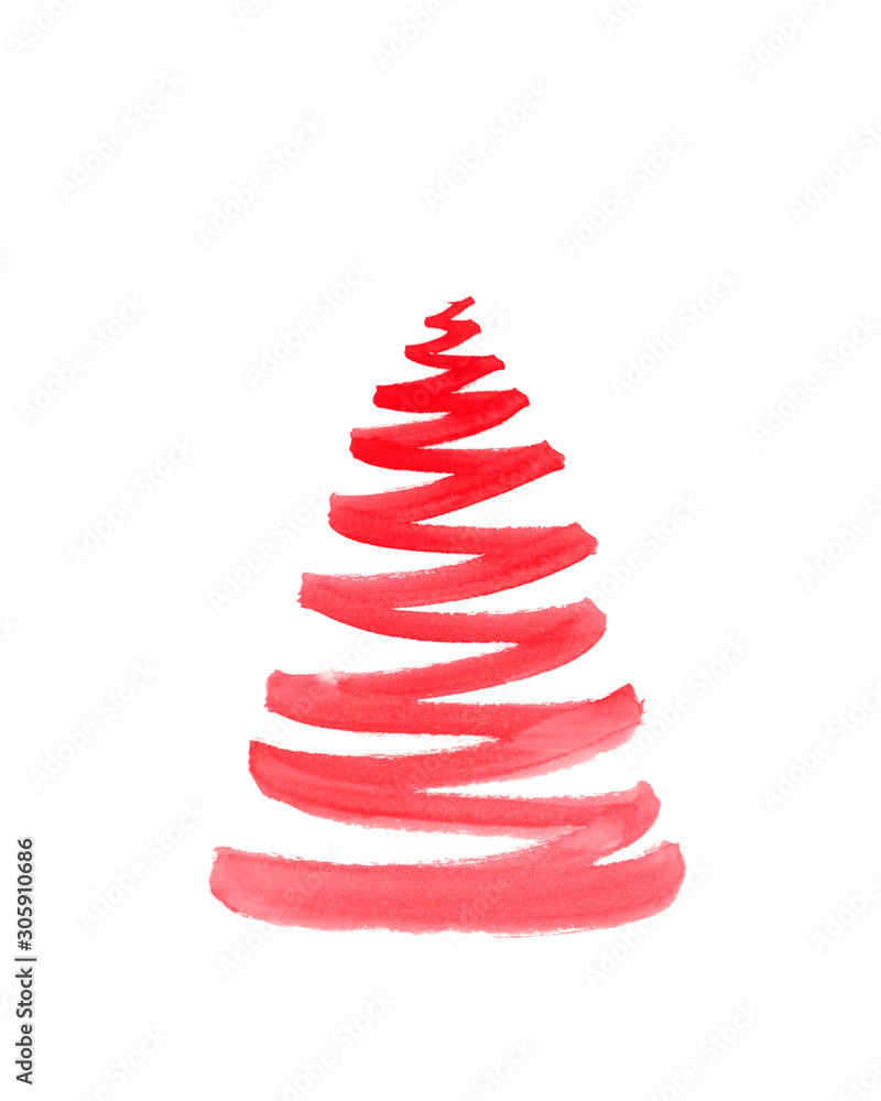Hand drawn red christmas tree with one big brush stroke. Watercolor ...