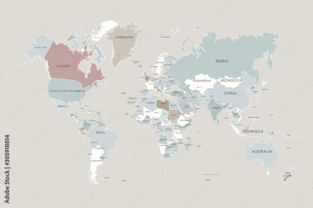 World map in four colors on background. High detail political map with ...