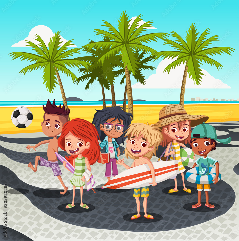 Cartoon children on Copacabana beach sidewalk. Kids in Rio de Janeiro ...