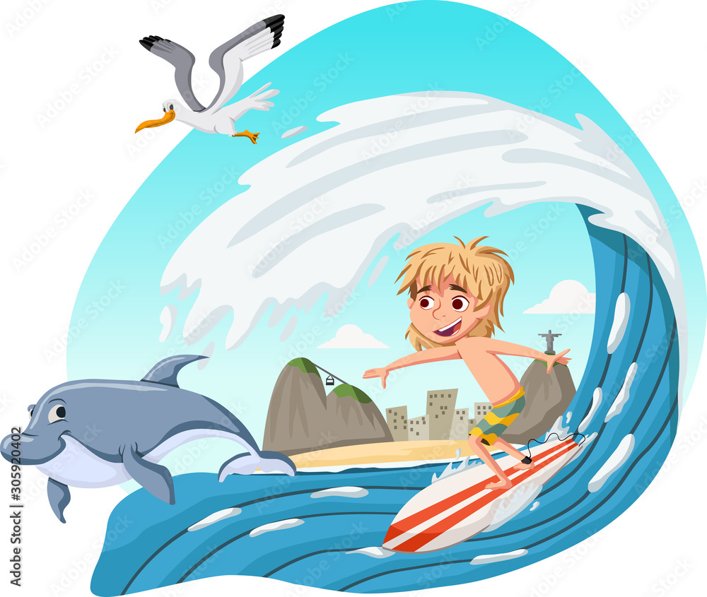Cartoon boy surfing a big wave. Teenager riding a surfboard on a wave ...