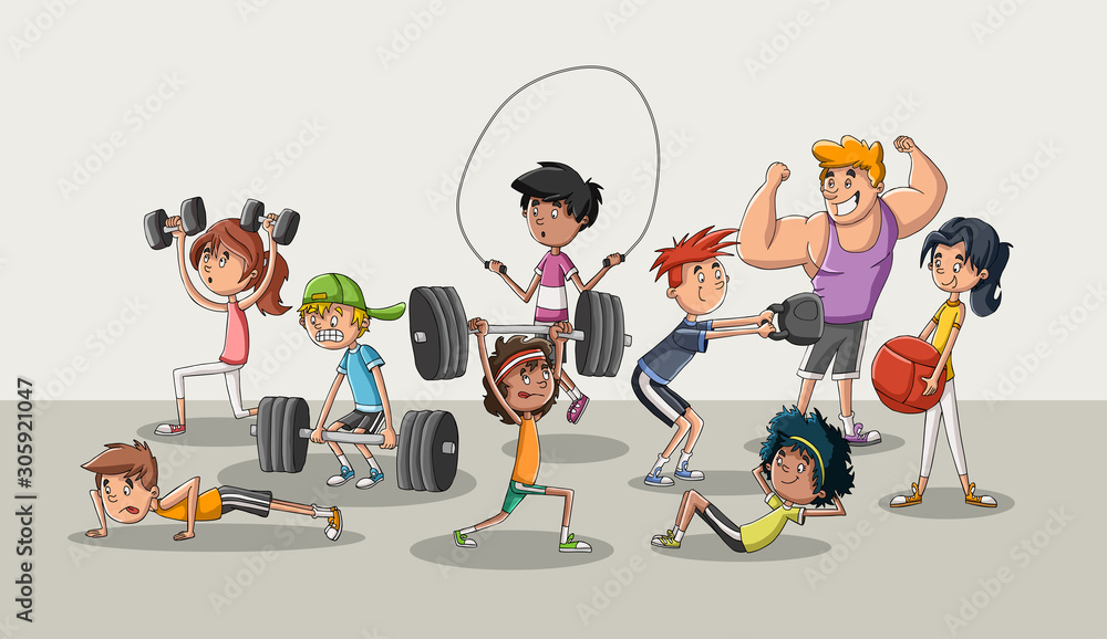 Cartoon athletes training. People working out. Crossfit workout. Stock ...