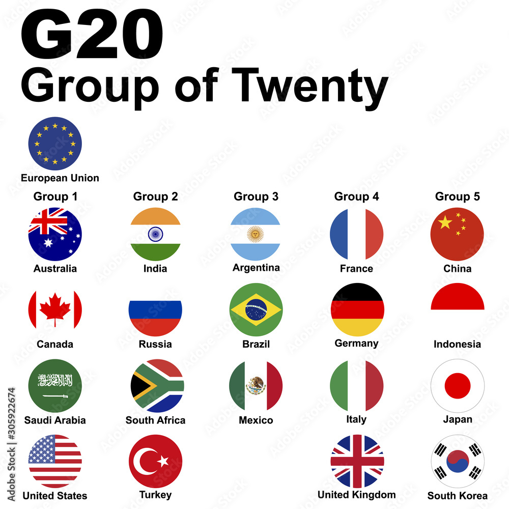 G20 (Group of Twenty). Flags of member countries, icon set. Vector ...