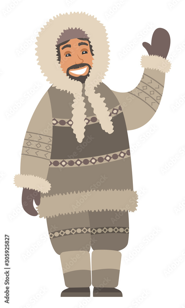 Eskimo man stand alone and wave hand. Indigenous north guy with smile ...