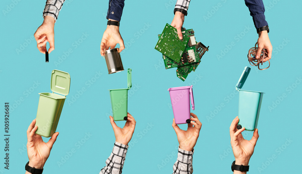 Four hands hold various waste and garbage containers on blank blue ...