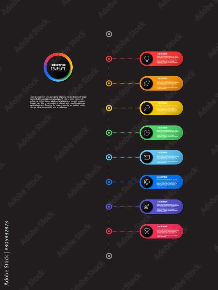 vertical timeline infographic with round elements on black background ...