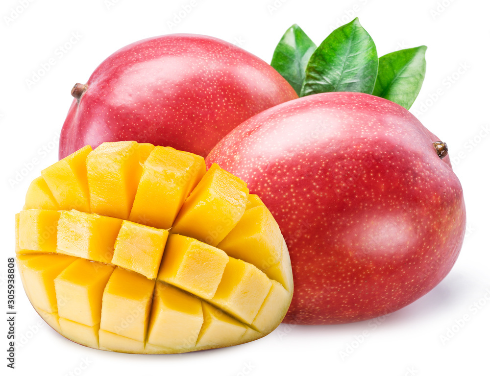 Mango fruits with mango cubes. Isolated on a white background. Stock ...