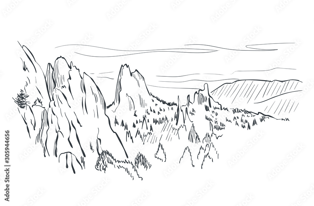 Colorado Denver mountains rocks vector sketch line usa landscape hand ...