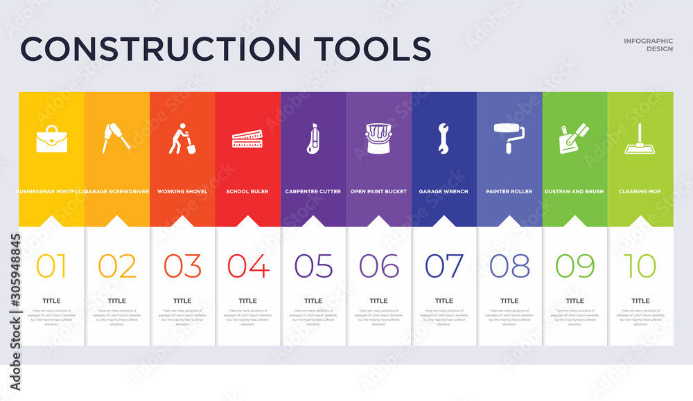10 construction tools concept set included cleaning mop, dustpan and ...