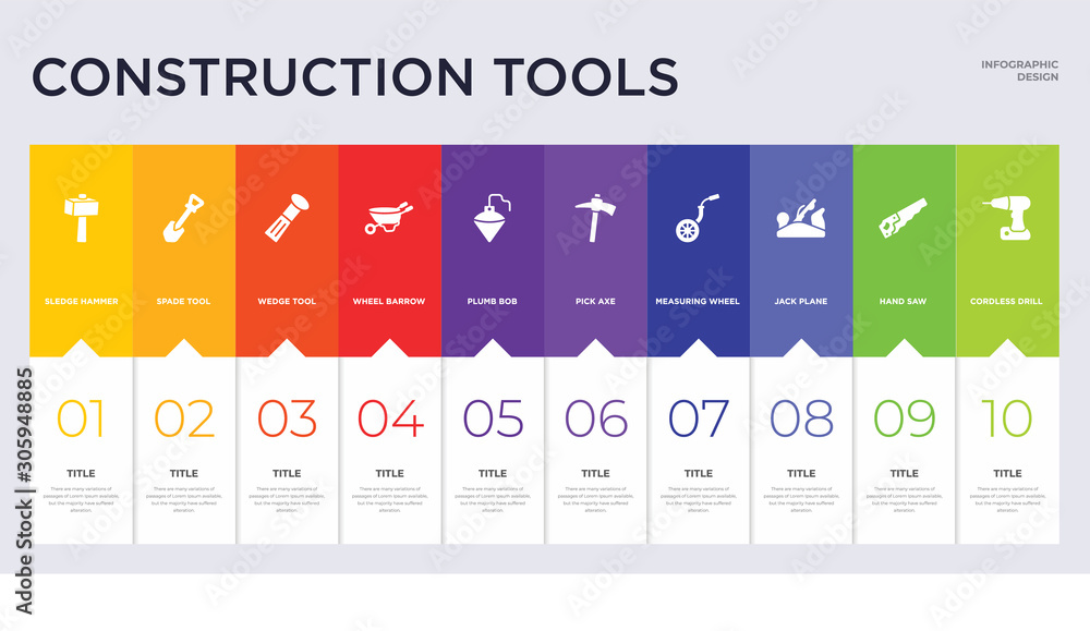 10 construction tools concept set included cordless drill, hand saw ...