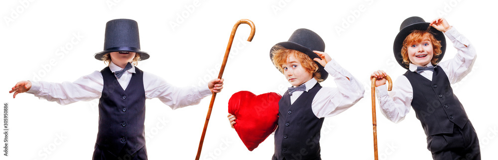 kid actor in the theatre, stylish boy in hat isolated on white ...