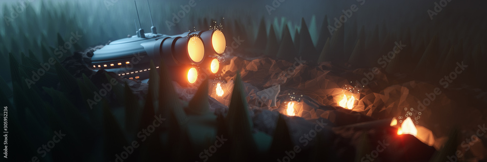 Wrecked spaceship in spruce forest with a furrow in the ground. Glowing ...