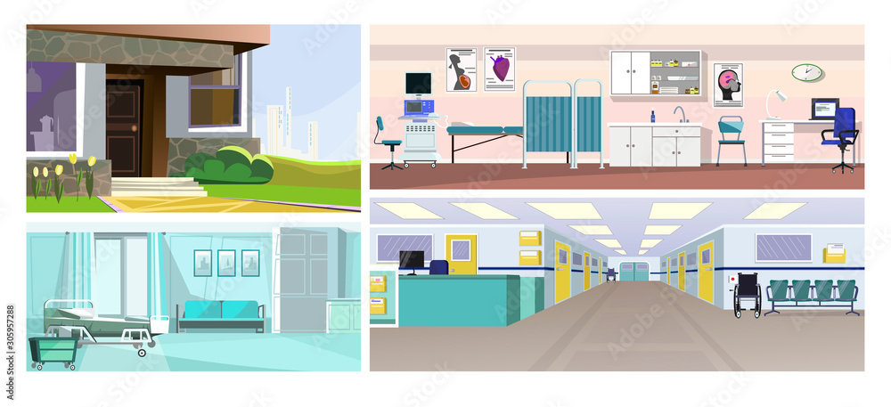 Hospital flat vector illustration set. Hospital inside with reception ...