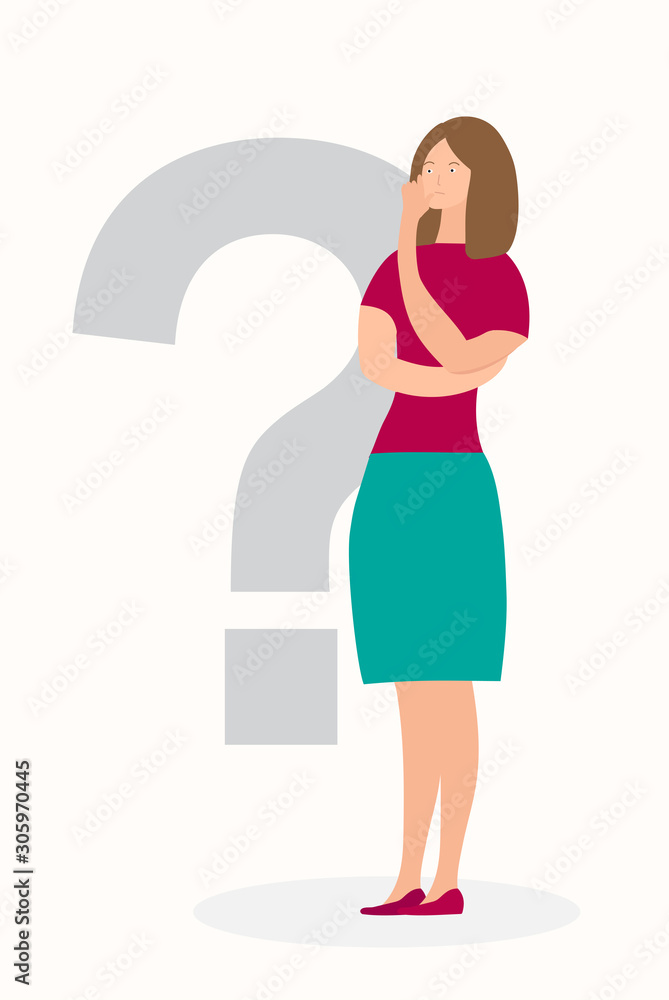 Business woman thinking. Question mark. Thinking, contemplating. Vector ...