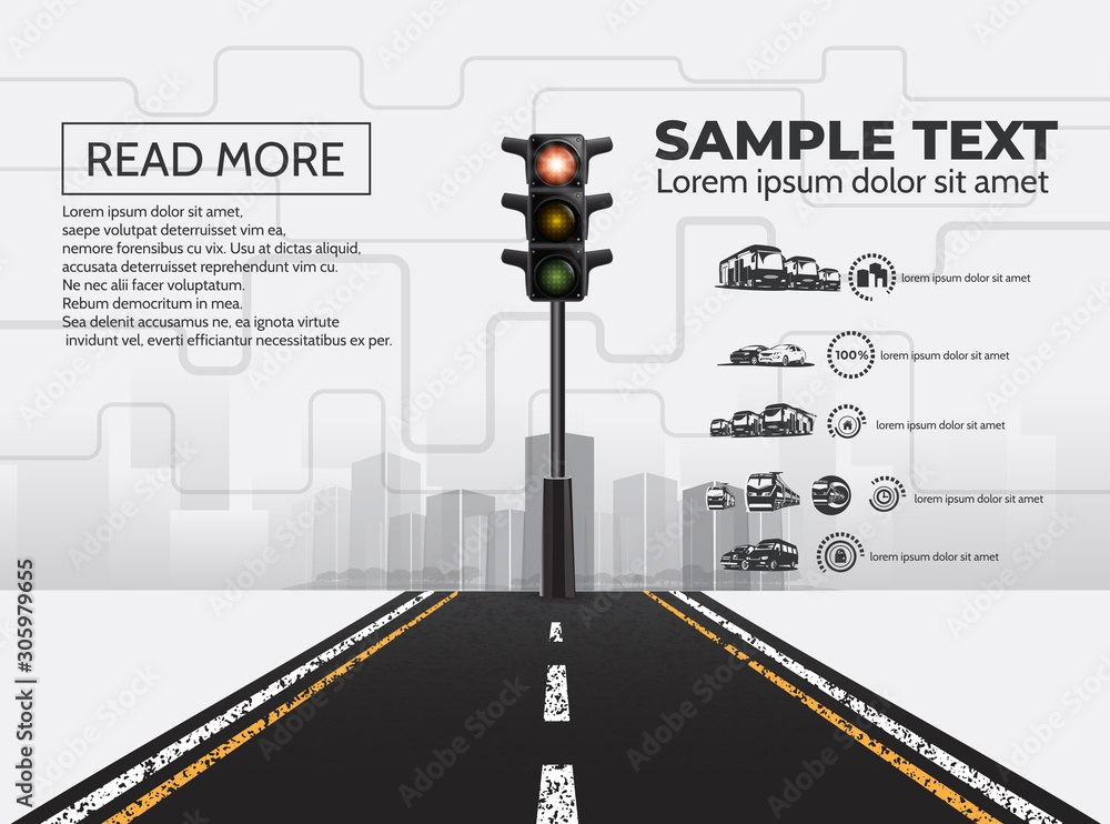 Traffic light and marked road leading to the city, transport ...