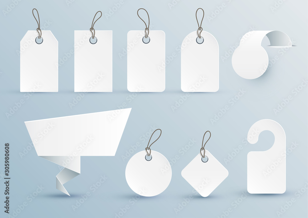 Set of white price tags of different shapes with design elements ...