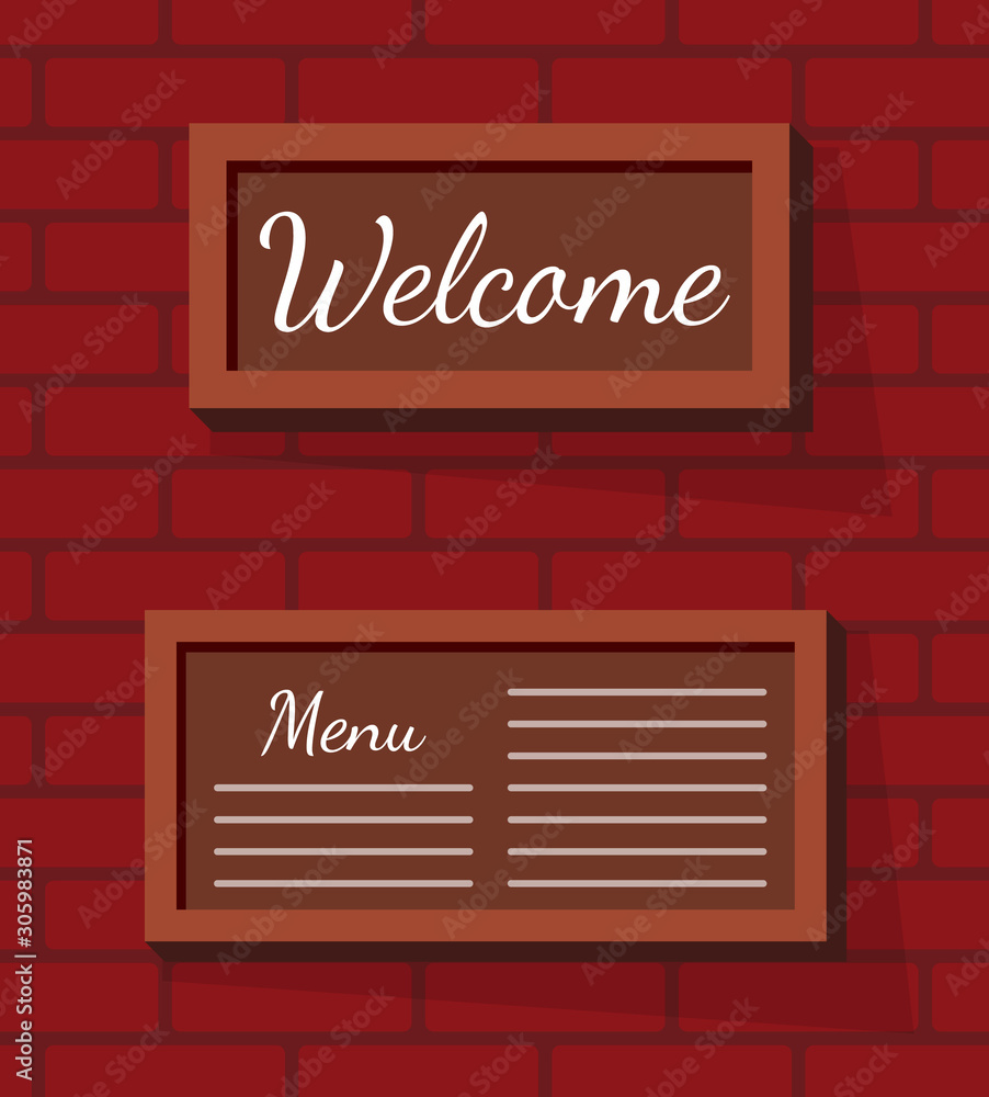 Welcome sign and menu chalkboard in wooden frame hanging on brick wall ...