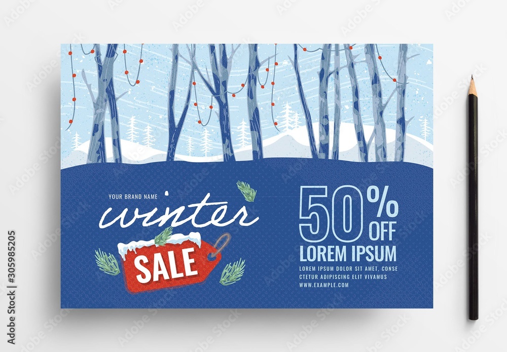 Winter Sale Flyer Layout with Snowy Forest Stock Template | Adobe Stock