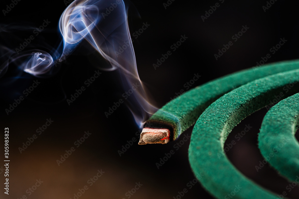 Burning green spiral mosquito repellent coil and red fire with white ...