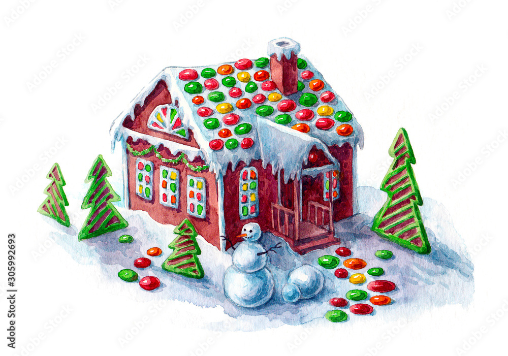 Watercolor hand-drawn Christmas card with a gingerbread house Stock ...