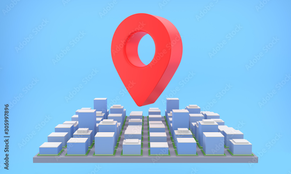 Red map pointer 3d with city map. Location symbol isolated on blue background. Web location ...